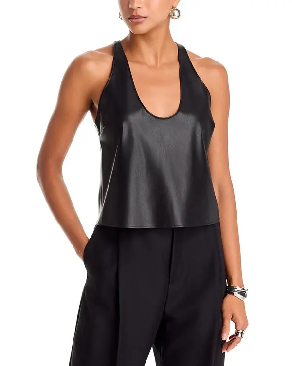 L'Agence Tullia Racerback Scoop Neck Faux Leather Top - Black