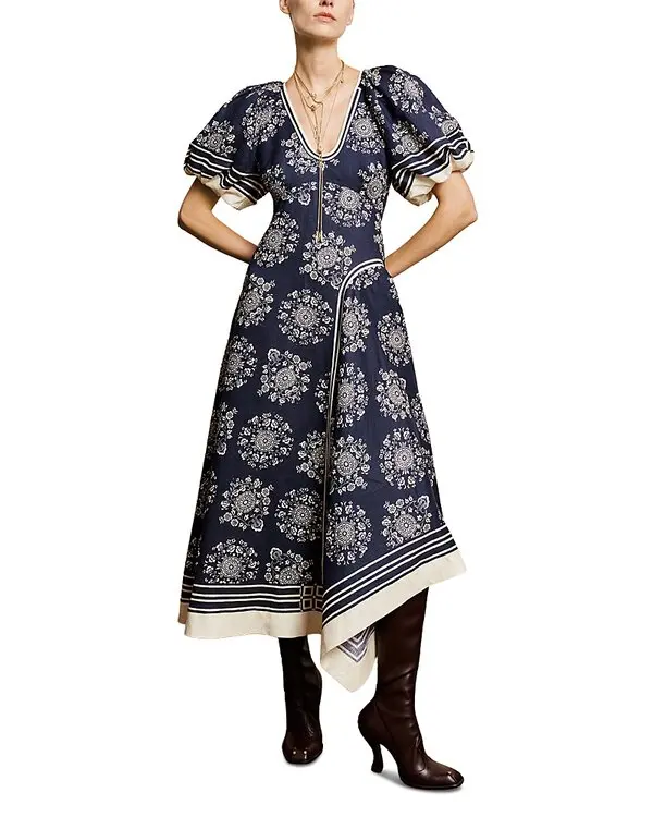 ALEMAIS Banderra Linen Bubble Sleeve Midi Dress - Ink