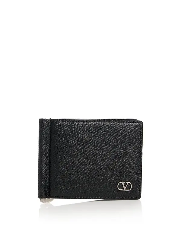 Valentino Garavani Vlogo Leather Money Clip Bifold Card Case - Black
