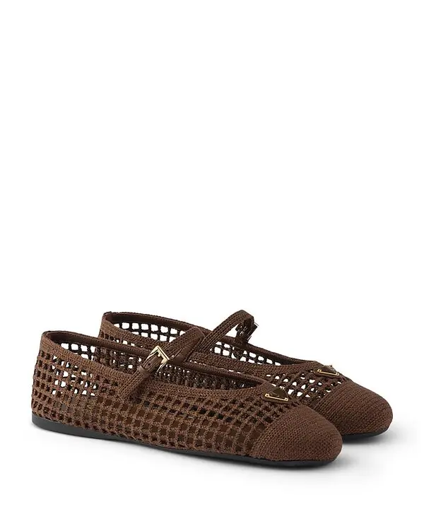Prada Crochet Ballerinas With Logo Buckle - Cocoa Brown