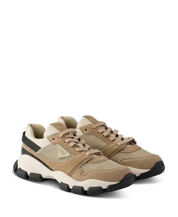 Prada Mesh Fabric And Suede Lace-up Sneakers - Desert Beige