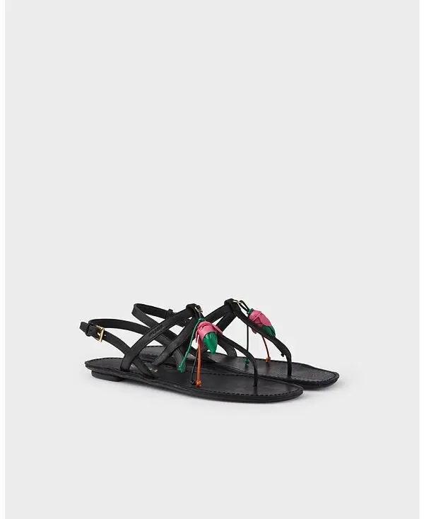 Prada Antiqued Leather Thong Sandals With Floral Ornament - Black