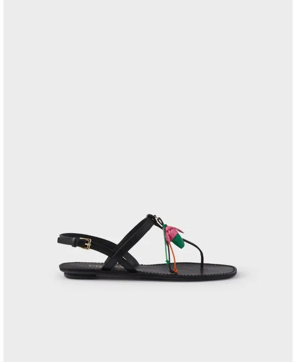 Prada Antiqued Leather Thong Sandals With Floral Ornament - Black