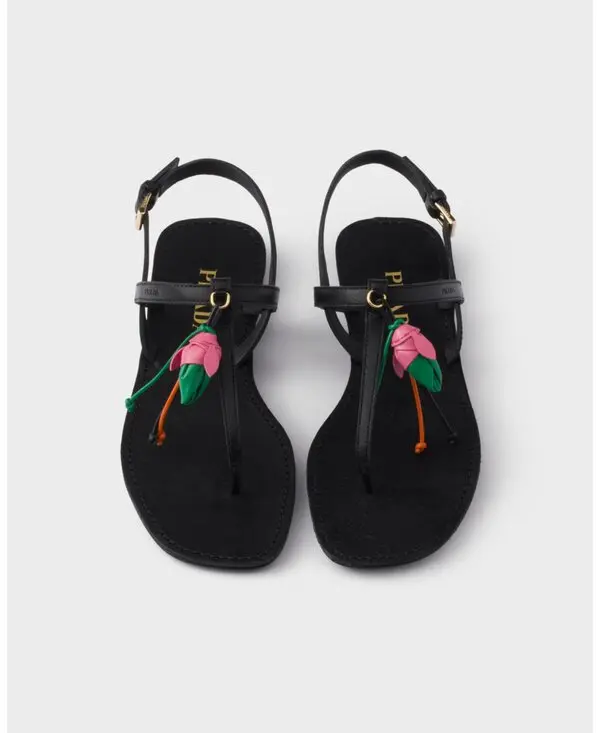 Prada Antiqued Leather Thong Sandals With Floral Ornament - Black