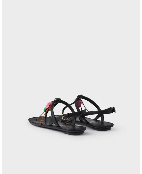 Prada Antiqued Leather Thong Sandals With Floral Ornament - Black