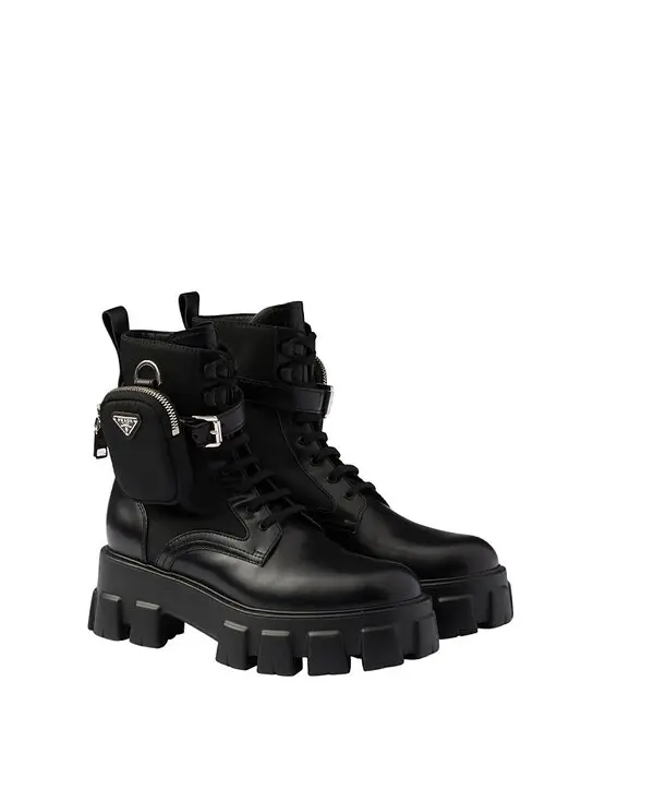 Prada Monolith Leather And Re-nylon Boots With Pouch - Black