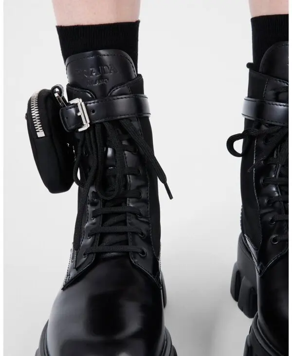 Prada Monolith Leather And Re-nylon Boots With Pouch - Black
