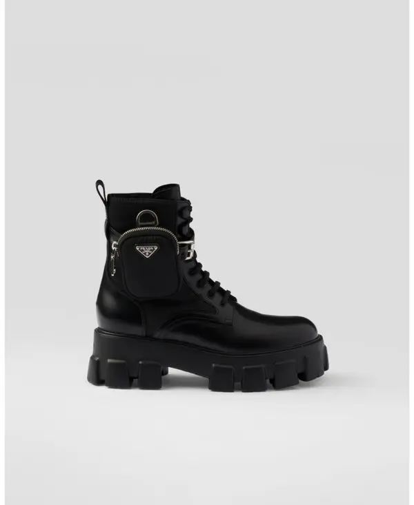 Prada Monolith Leather And Re-nylon Boots With Pouch - Black