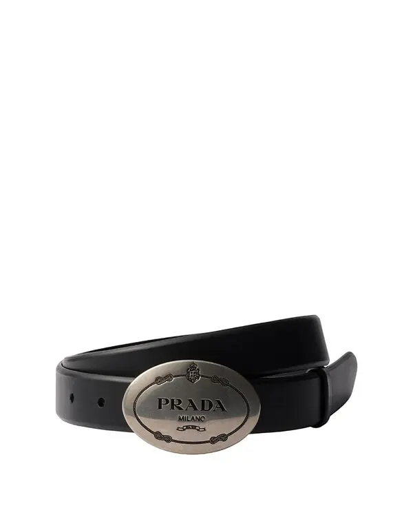 Prada Leather Belt With Oval Logo Buckle