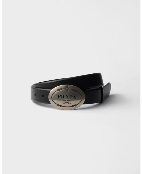 Prada Leather Belt With Oval Logo Buckle