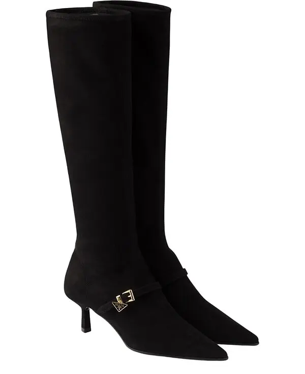 Prada Stretch Suede Knee-high Boots With Buckle Detail