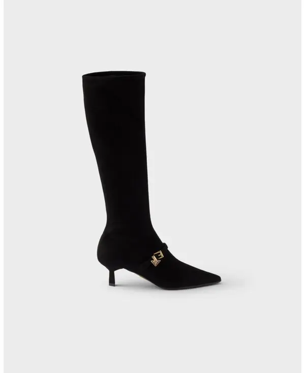 Prada Stretch Suede Knee-high Boots With Buckle Detail