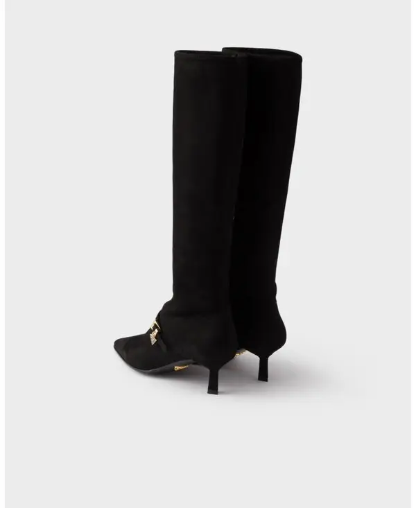 Prada Stretch Suede Knee-high Boots With Buckle Detail