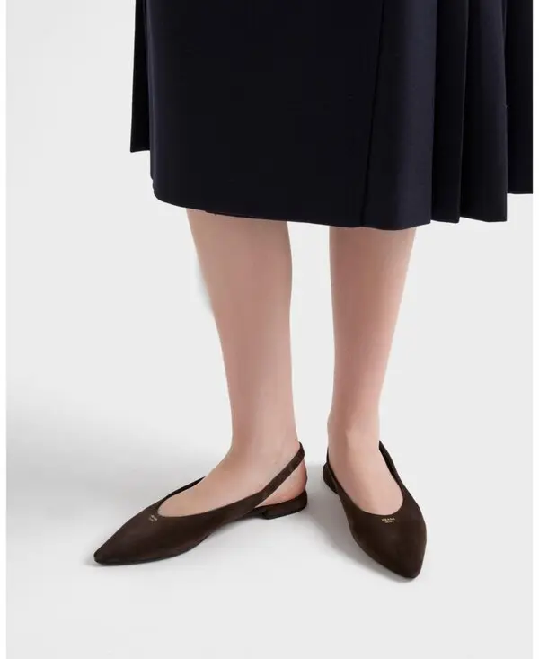 Prada Suede Ballerina Flats With Screenprinted Logo - Brown