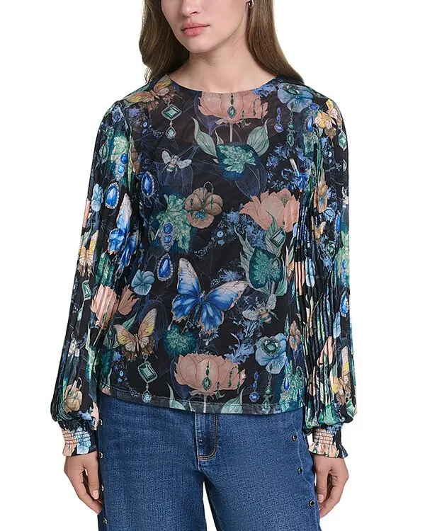 Karl Lagerfeld Paris Pleated Sleeve Mixed Media Top