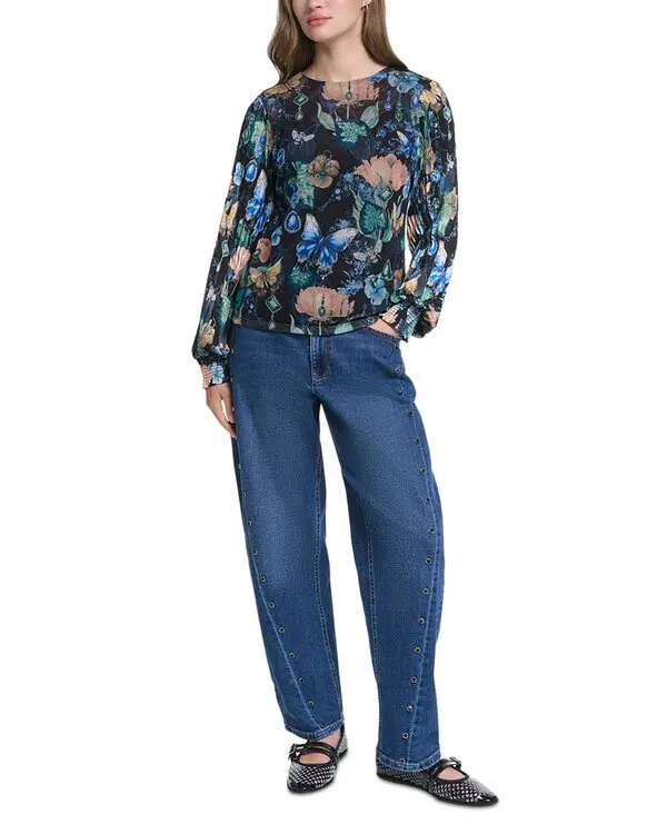 Karl Lagerfeld Paris Pleated Sleeve Mixed Media Top