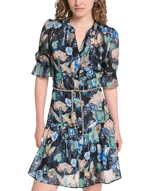 Karl Lagerfeld Paris Metallic Crinkle Button Down Dress