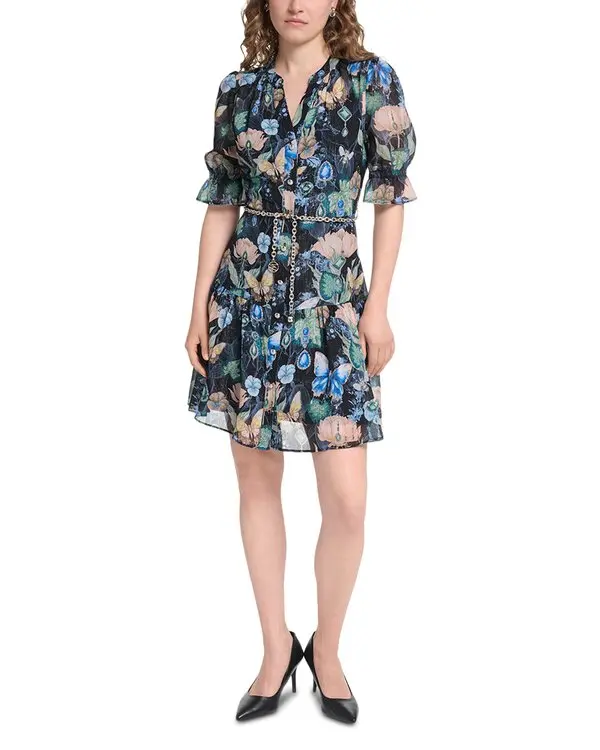 Karl Lagerfeld Paris Metallic Crinkle Button Down Dress