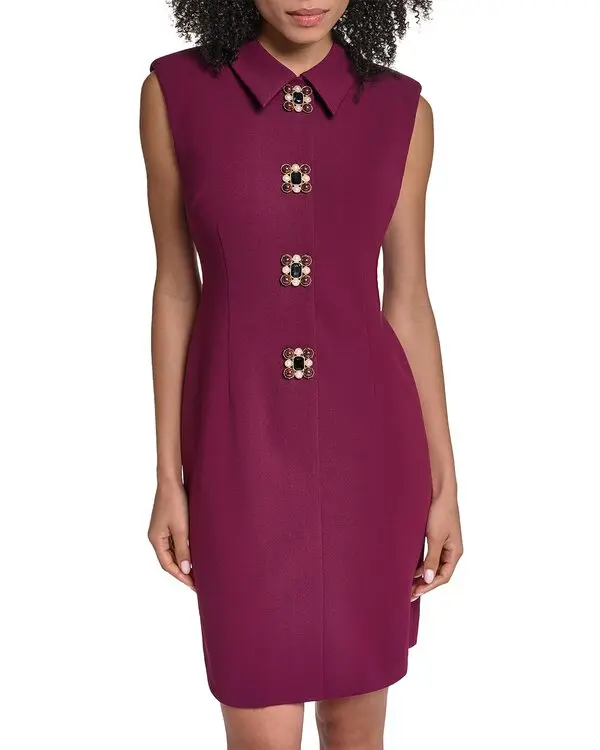 Karl Lagerfeld Paris Embellished Button Sleeveless Collared Sheath Dress