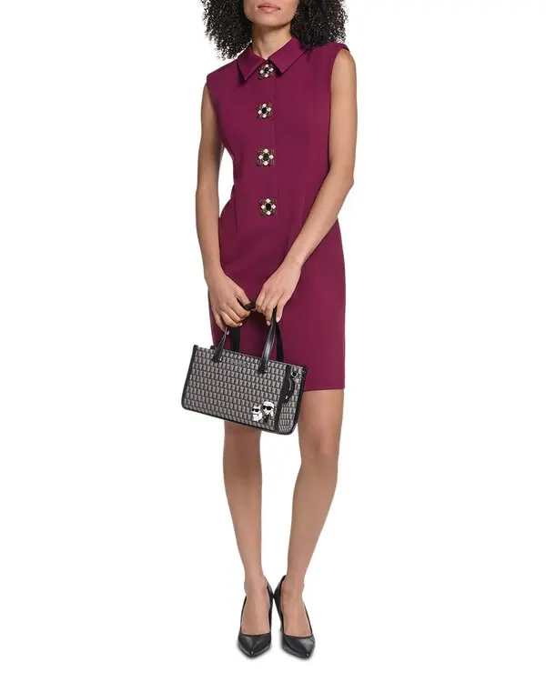Karl Lagerfeld Paris Embellished Button Sleeveless Collared Sheath Dress