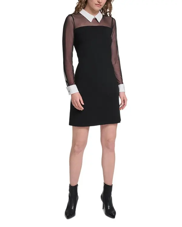 Karl Lagerfeld Paris Collared Long Sleeve Mesh Dress