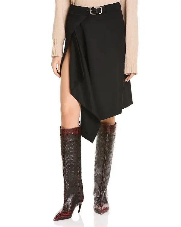 Attico Belted Asymmetric Midi Skirt - Black