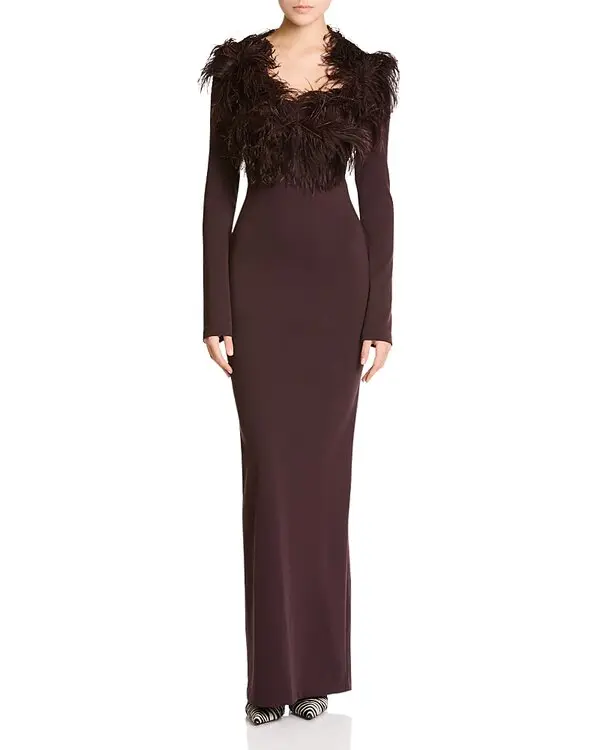 Attico Open Back Feather Trim Gown - Dark Brown
