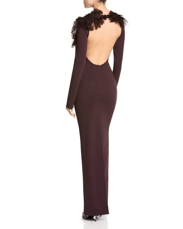 Attico Open Back Feather Trim Gown