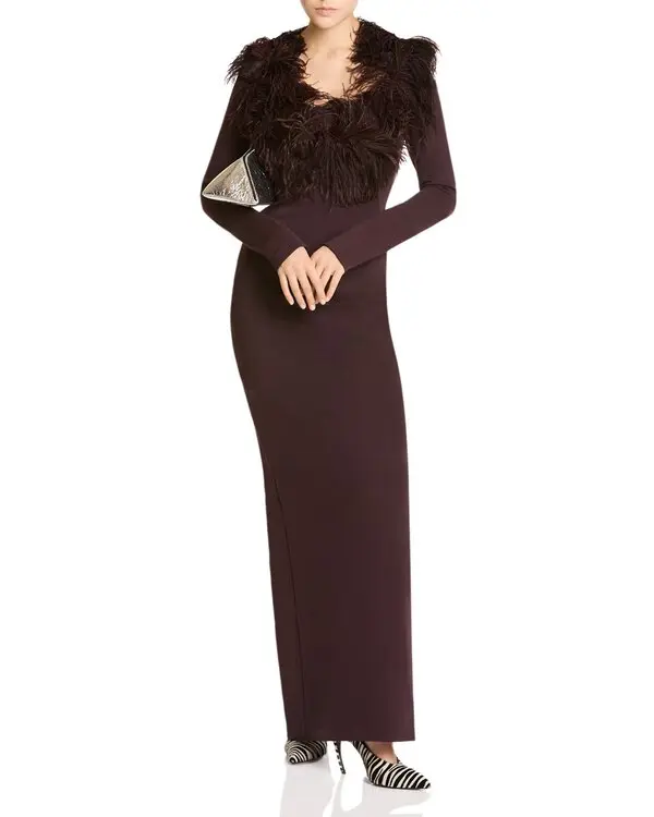 Attico Open Back Feather Trim Gown