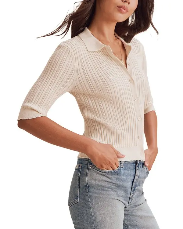 Splendid Georgie Pointelle Knit Polo Top - Wheat Heather