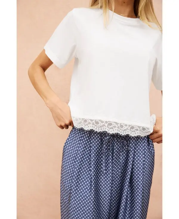 Splendid Lace Trim Short Sleeve Tee - Shell