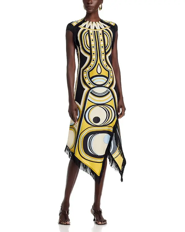 La DoubleJ Silk Fringe Trim Midi Dress