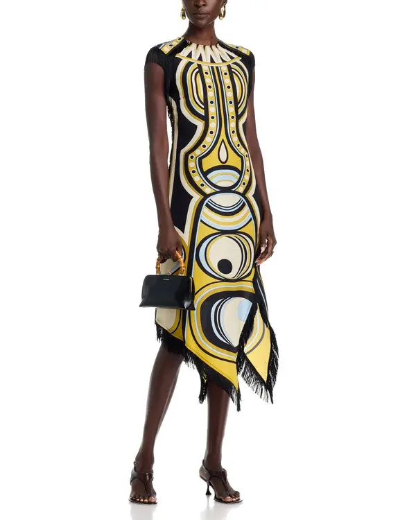 La DoubleJ Silk Fringe Trim Midi Dress