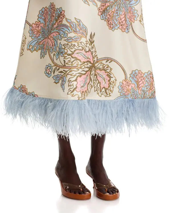 La DoubleJ Silk Feather Trim Midi Dress