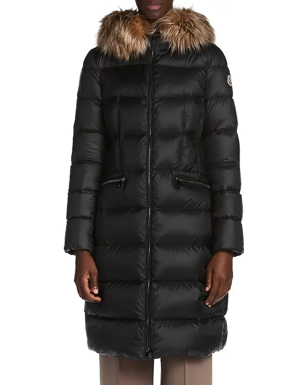 Moncler Boedic Hooded Shearling Trimmed Long Down Jacket - Black