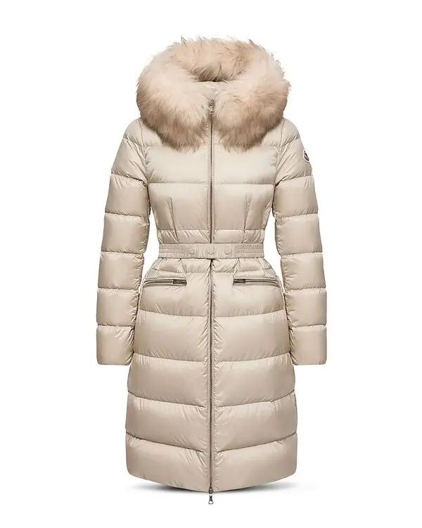Moncler Boedic Hooded Shearling Trimmed Long Down Jacket - Cream