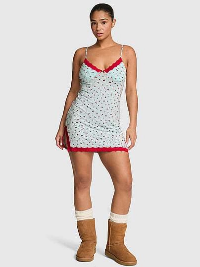 Pink Modal Lace-trim Slip Dress - Print