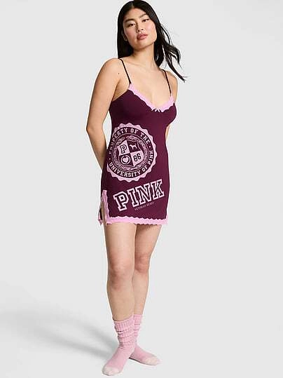 Pink Modal Lace-trim Slip Dress - Purple