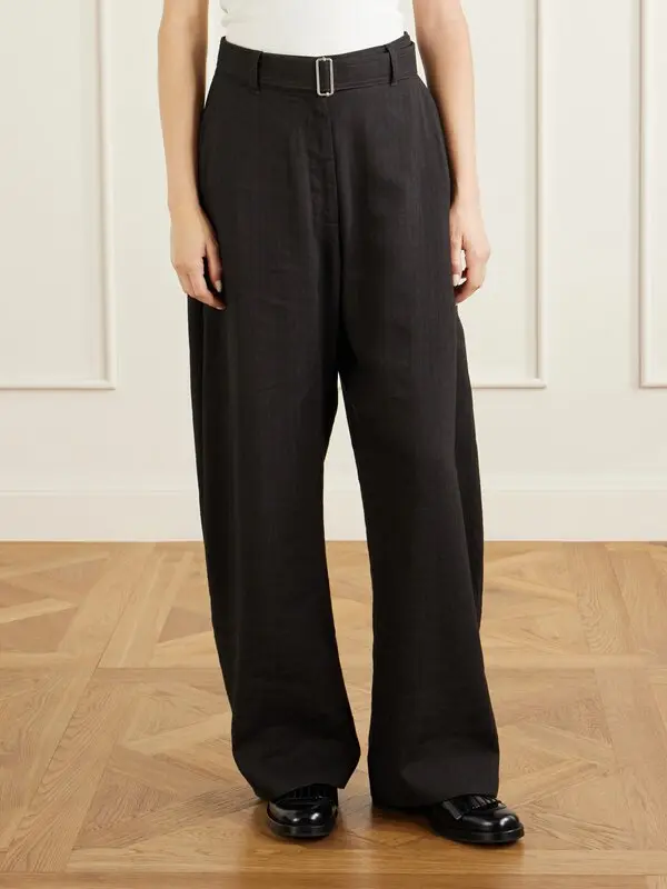 Studio Nicholson Belted Herringbone Cotton And Linen-blend Wide-leg Pants