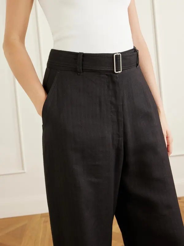Studio Nicholson Belted Herringbone Cotton And Linen-blend Wide-leg Pants
