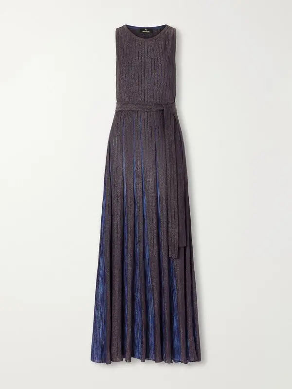 Missoni Belted Pleated Striped Metallic Crochet-knit Maxi Dress - Blue