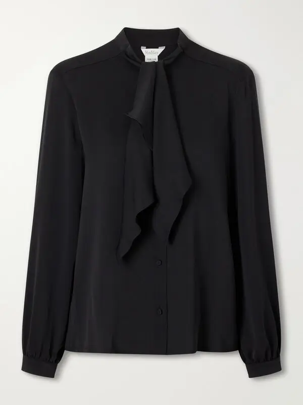 Max Mara Leccio Silk-crepon Blouse With Self-tie Collar - Black