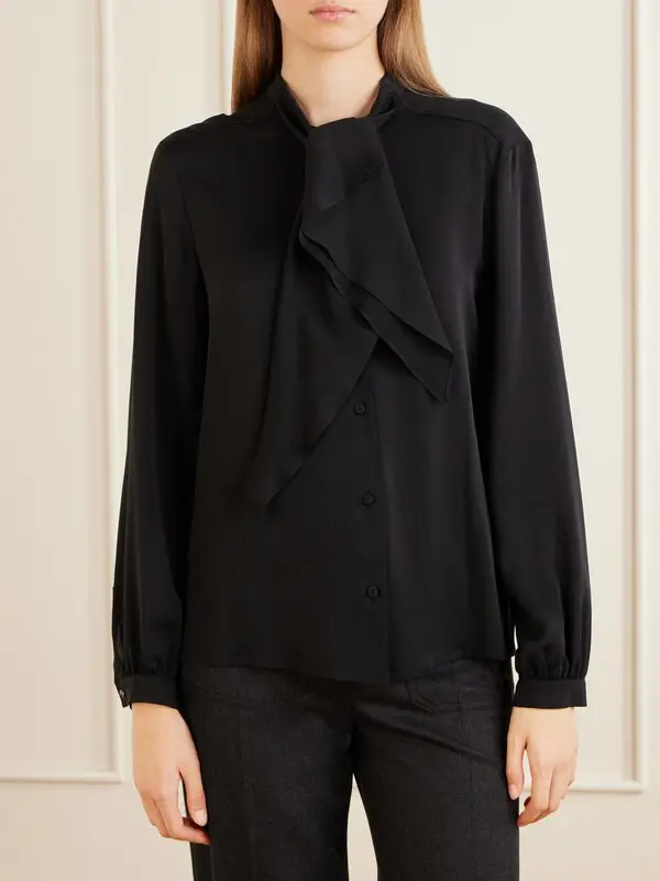 Max Mara Leccio Silk-crepon Blouse With Self-tie Collar - Black