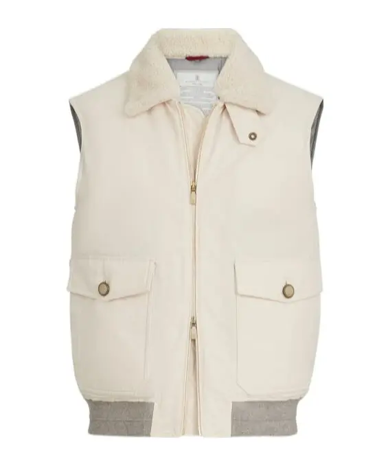 Brunello Cucinelli Waxed Techno Cotton Down Vest With Detachable Shearling Collar