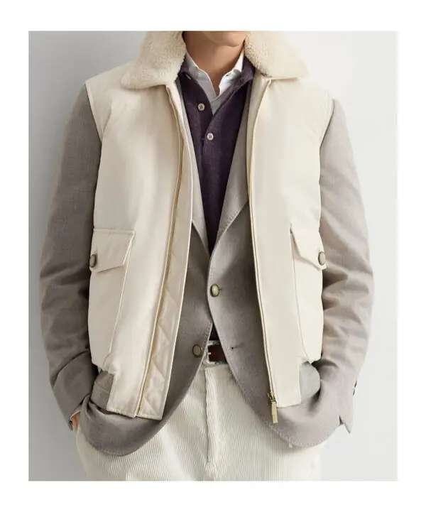 Brunello Cucinelli Waxed Techno Cotton Down Vest With Detachable Shearling Collar