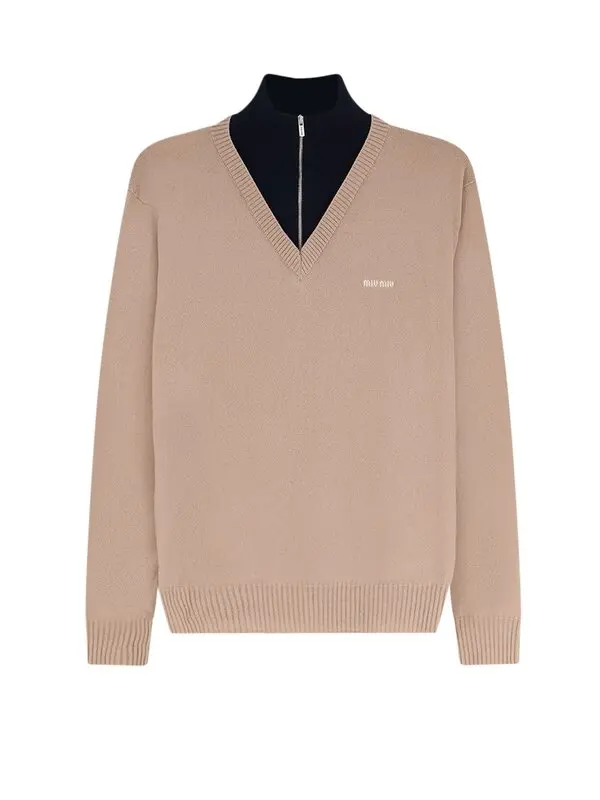 Miu Miu Cashmere Turtleneck Sweater With Zip Closure And Intarsia Logo - Albino White/blue