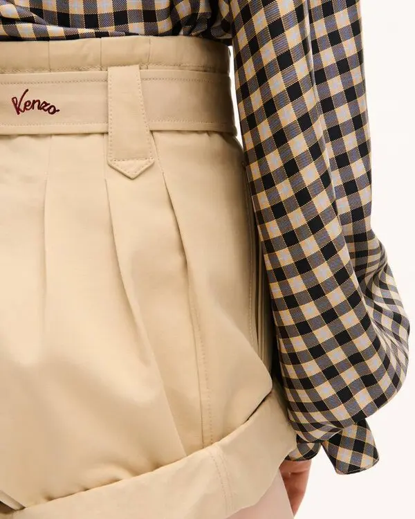 Kenzo High-waist Pleated Cotton Twill Shorts With Belt