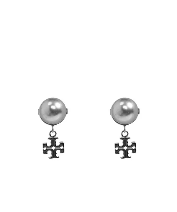 Tory Burch Glass Bead Iconic Geometric Pendant Earrings - Silver