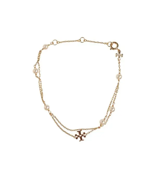 Tory Burch Double Chain Charm Bracelet With Pearl And Logo Motif - Gold