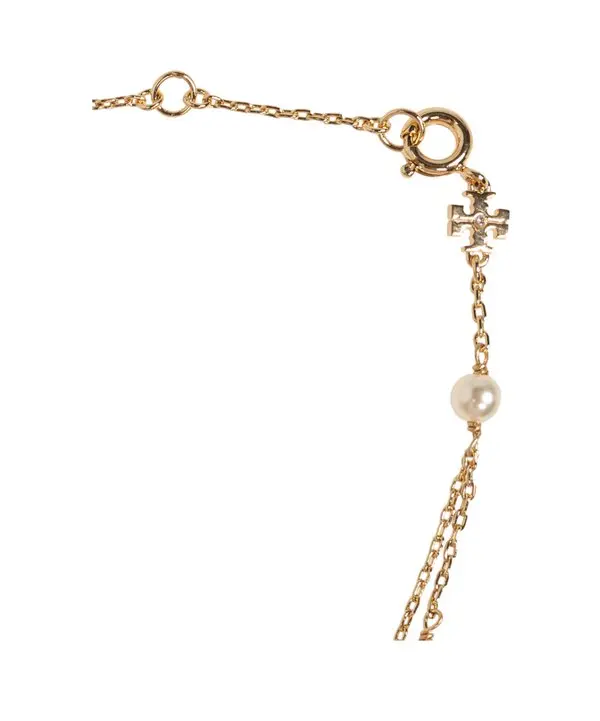 Tory Burch Double Chain Charm Bracelet With Pearl And Logo Motif